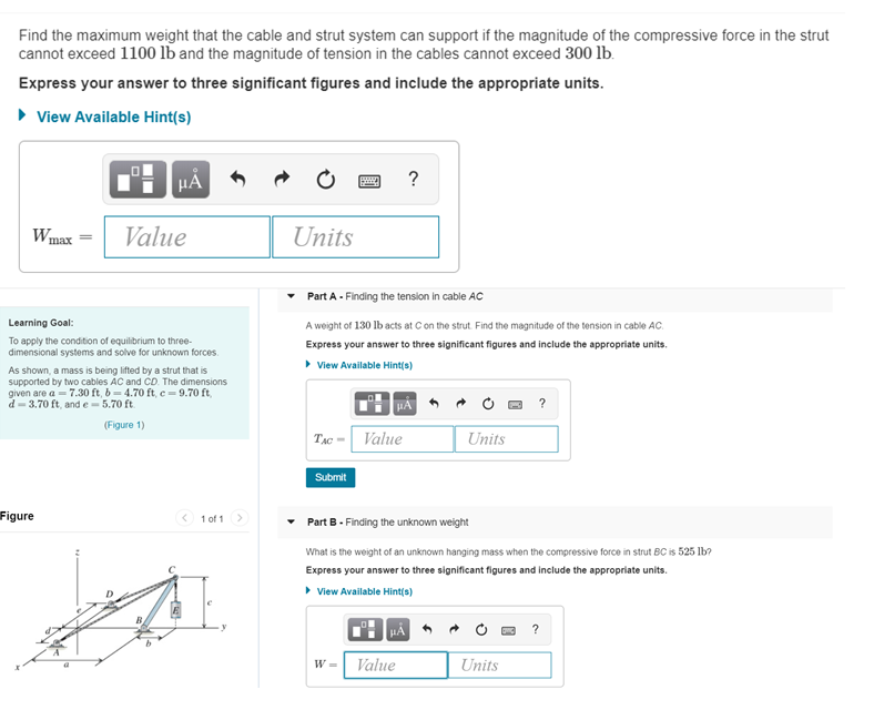 Solved Find the maximum weight that the cable and strut | Chegg.com