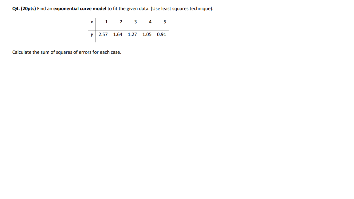 Solved Q4 20pts Find An Exponential Curve Model To Fit