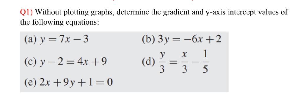 Solved Q1) Without plotting graphs, determine the gradient | Chegg.com Solved Q1) Without plotting graphs, determine the gradient | Chegg.com