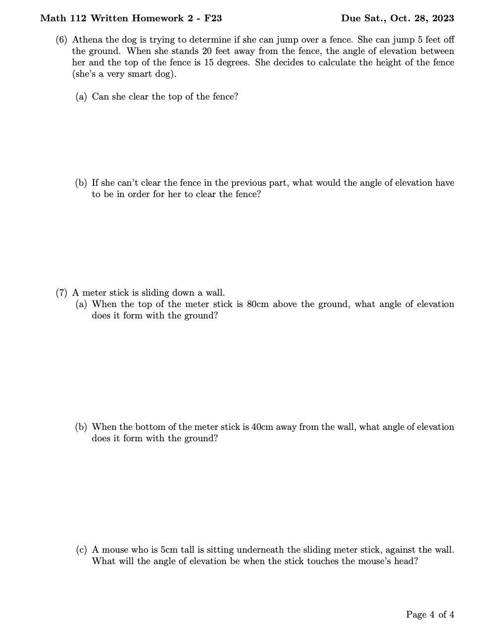 Solved Math 112 Written Homework 2 - F23 Due Sat., Oct. 28, | Chegg.com