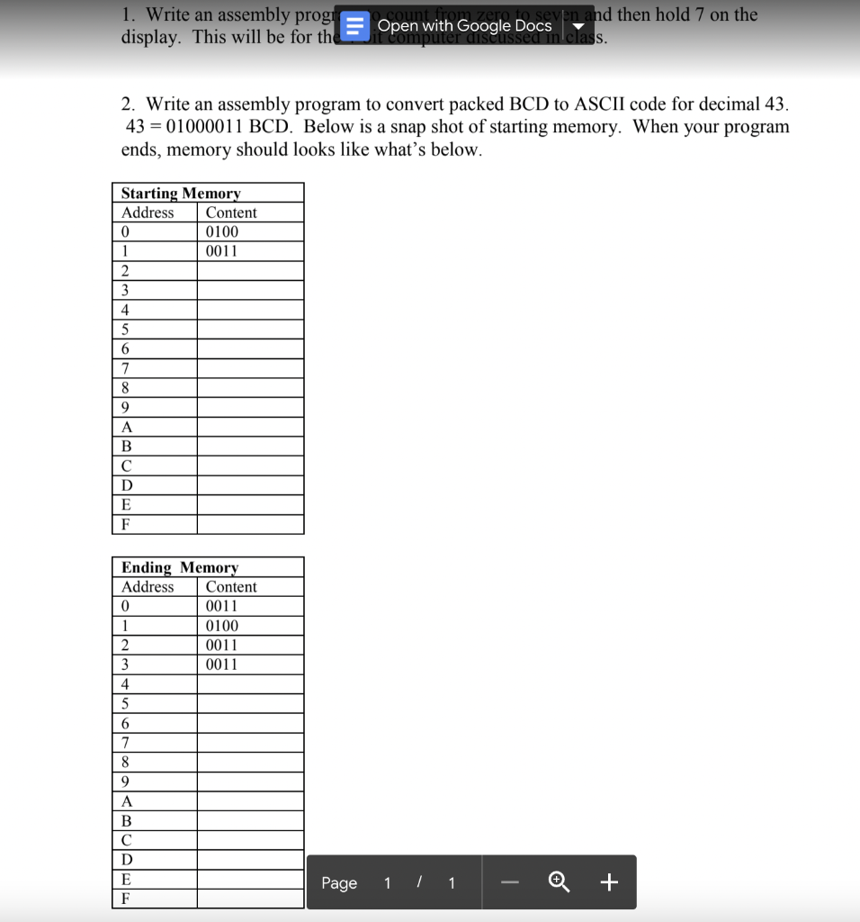 Solved 1. Write an assembly prog display. This will be for | Chegg.com