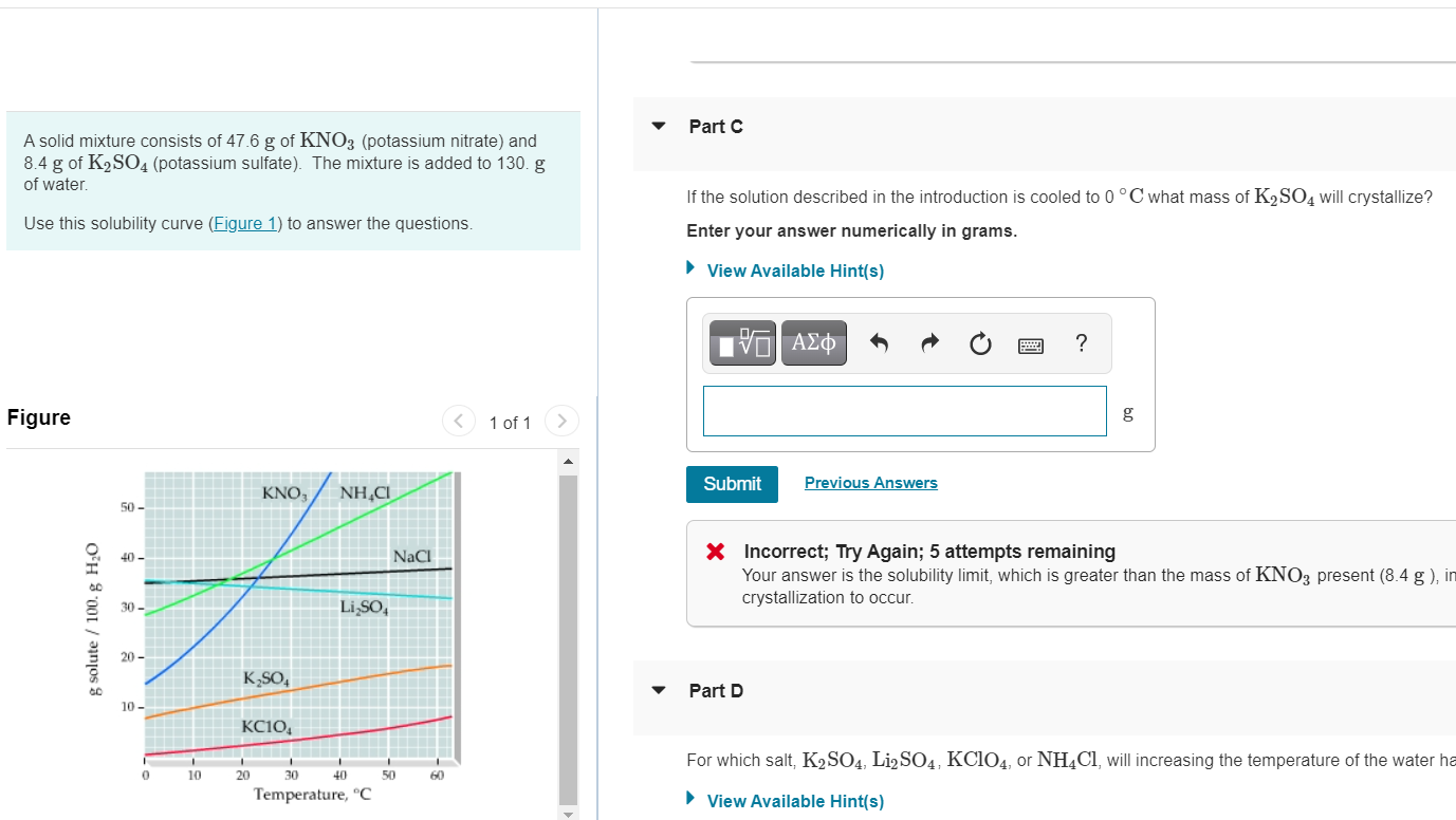 Solved Part A solid mixture consists of 47.6 g of KNO3 | Chegg.com