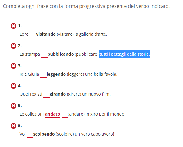 Completa ogni frase con la forma progressiva presente | Chegg.com