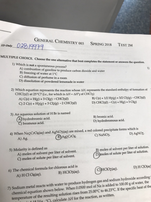Solved GENERAL CHEMISTRY 003 ID Only SPRING 2018 TEST 2M | Chegg.com