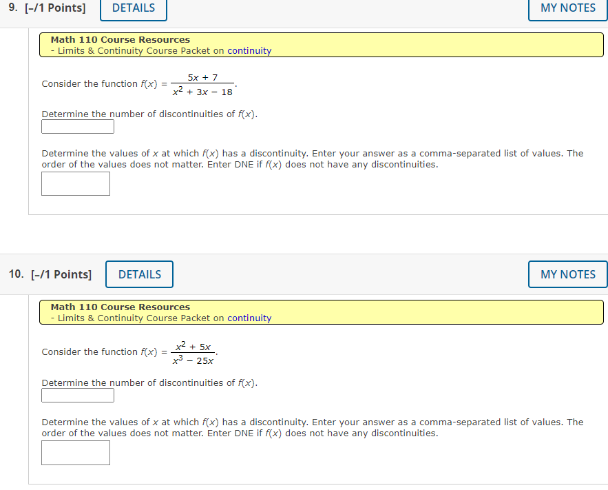 Solved Math 110 Course Resources - Limits \& Continuity | Chegg.com