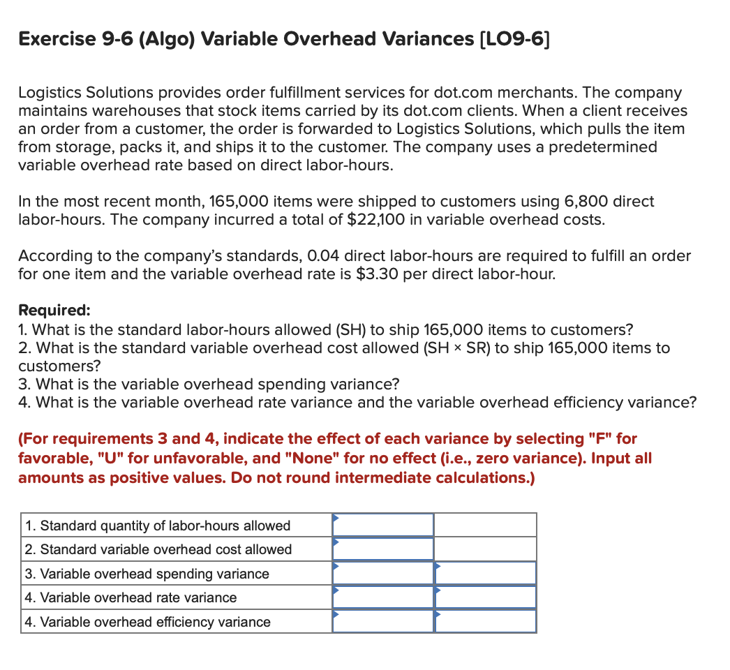 Solved Exercise 9-6 (Algo) Variable Overhead Variances | Chegg.com