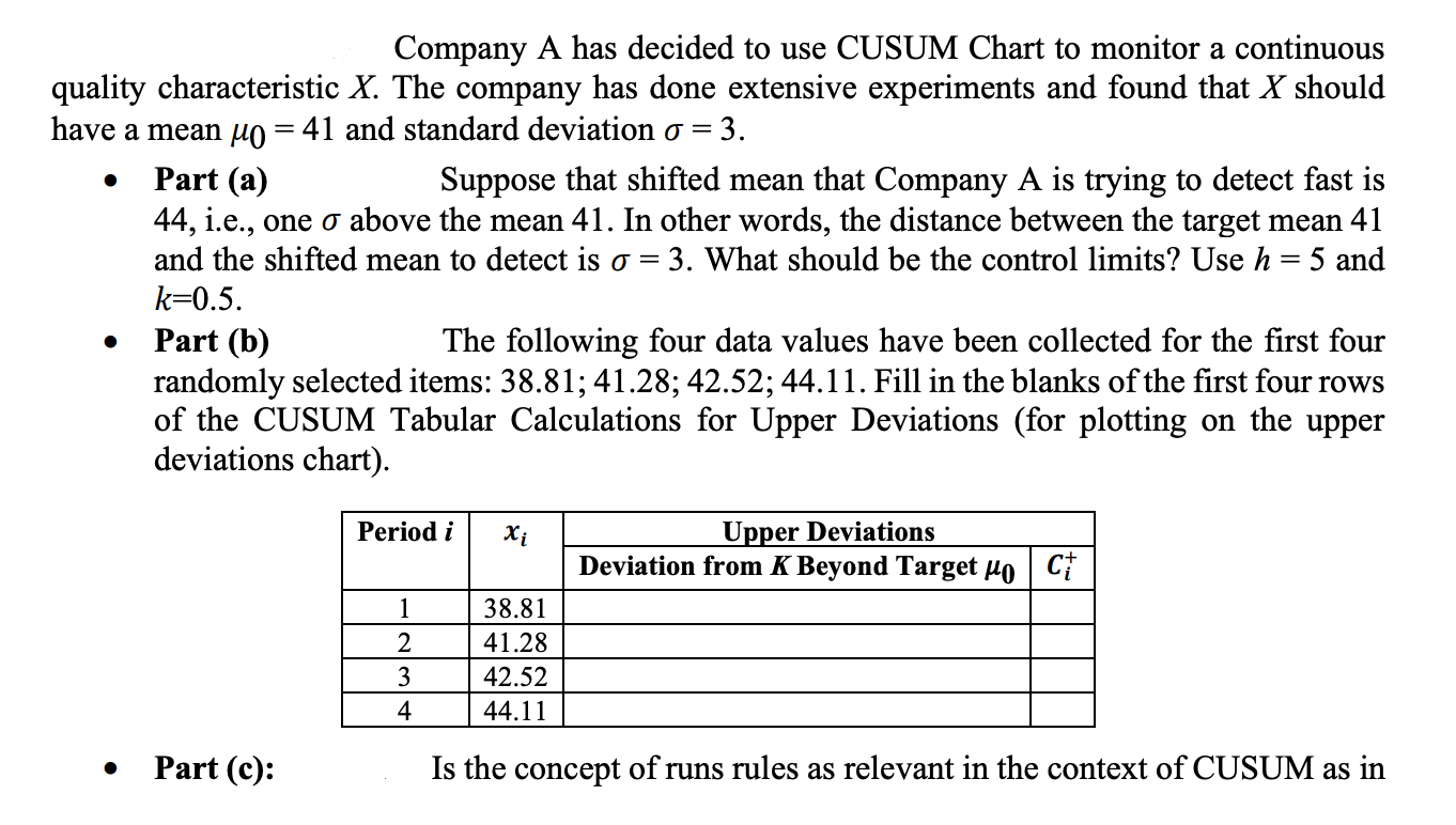 Solved Company A has decided to use CUSUM Chart to monitor a | Chegg.com