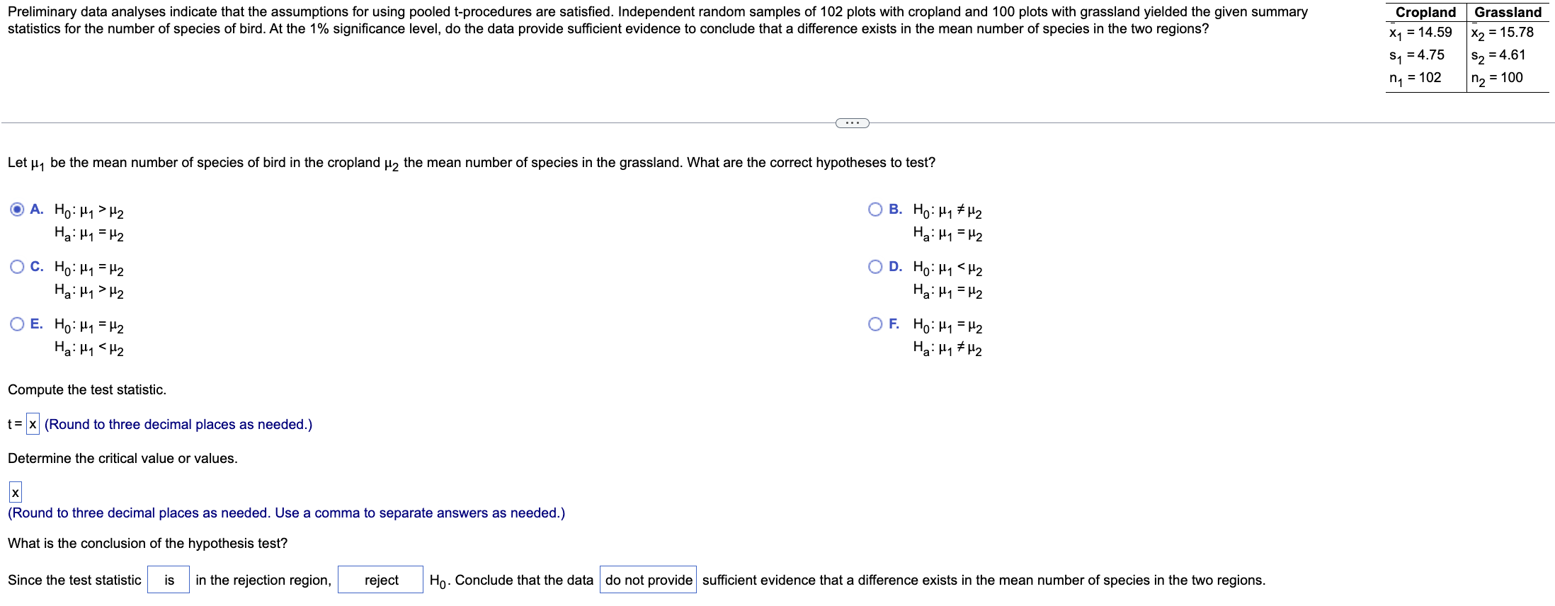 Solved Let μ1 be the mean number of species of bird in the | Chegg.com