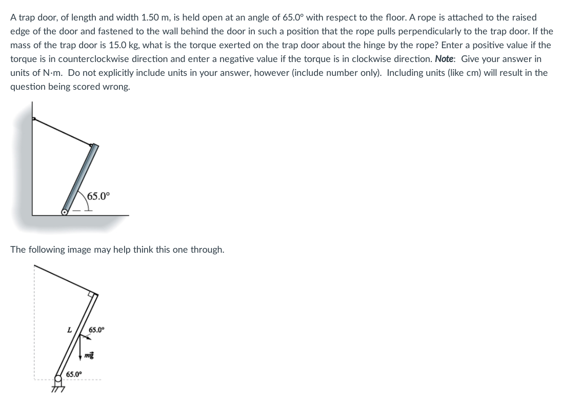 Solved A trap door, of length and width 1.50 m, is held open | Chegg.com