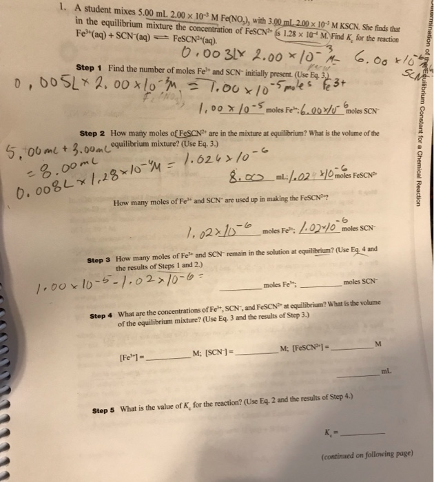 Solved 1. A student mixes 5.00 mL 2.00 x 10-3 M Fe(NO), with | Chegg.com