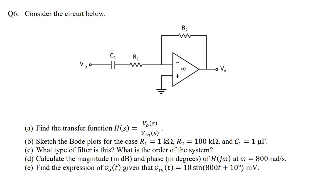 Solved Q6. Consider the circuit below. (a) Find the transfer | Chegg.com