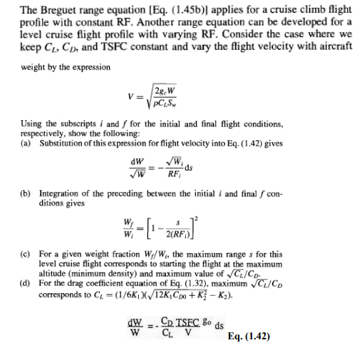 Solved The Breguet range equation (Eq. (1.45b) applies for a | Chegg.com