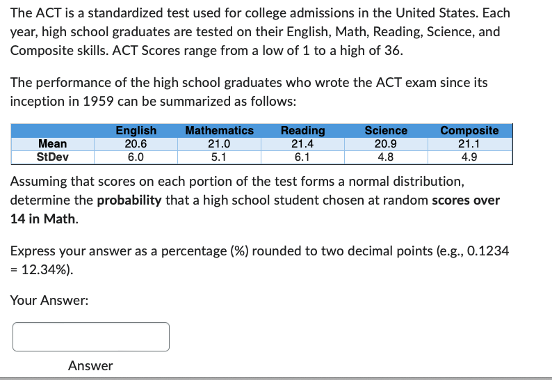 Solved The ACT is a standardized test used for college | Chegg.com