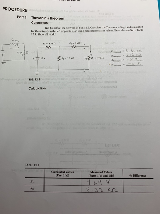 Solved PROCEDURE Part 1 Thevenin's Theorem Calculation: (a) | Chegg.com