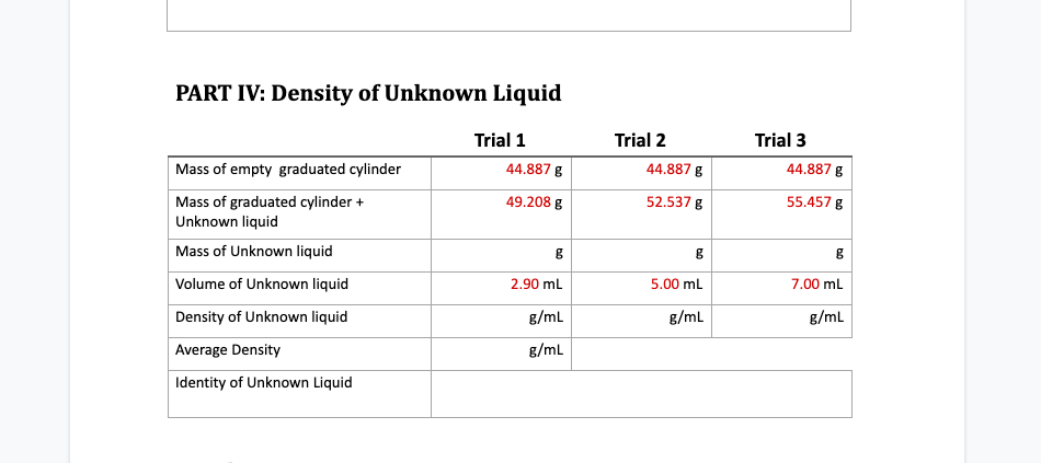Solved PART IV: Density of Unknown Liquid Trial 1 Trial 2 | Chegg.com