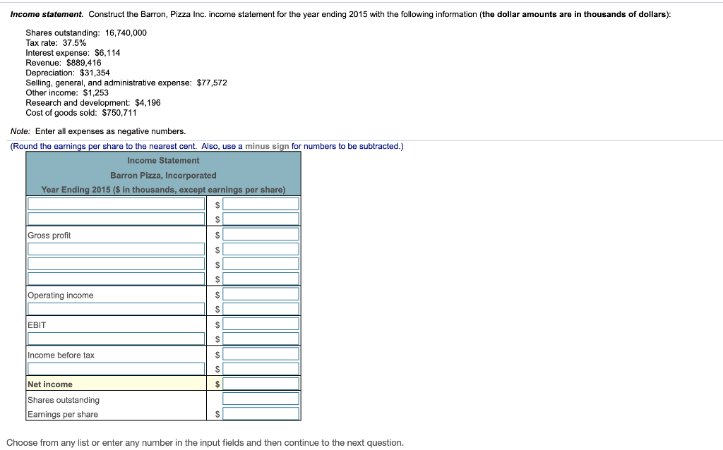 Solved Income statement. Construct the Barron, Pizza Inc. | Chegg.com