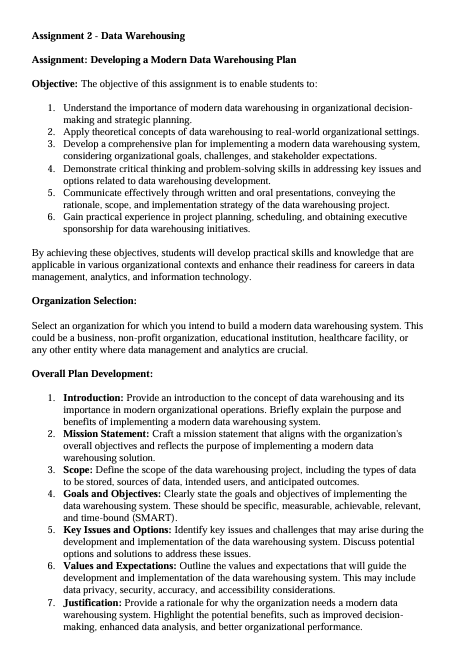 Solved Assignment 2 - ﻿Data WarehousingAssignment: | Chegg.com