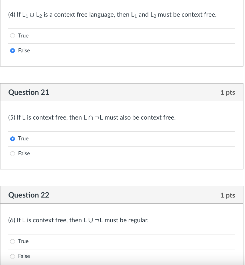 Solved Question 17 1 pts (1) If L1 and L2 are context free, | Chegg.com