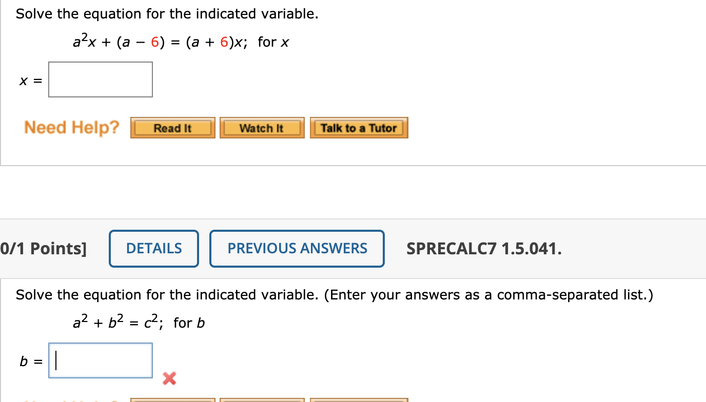 Solved Solve the equation for the indicated variable. a2x + | Chegg.com
