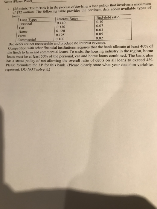 Solved Name (Please Print) 1. [25 points] Thrift Bank is in | Chegg.com