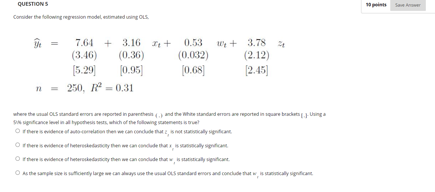 Solved Consider the following regression model, estimated | Chegg.com