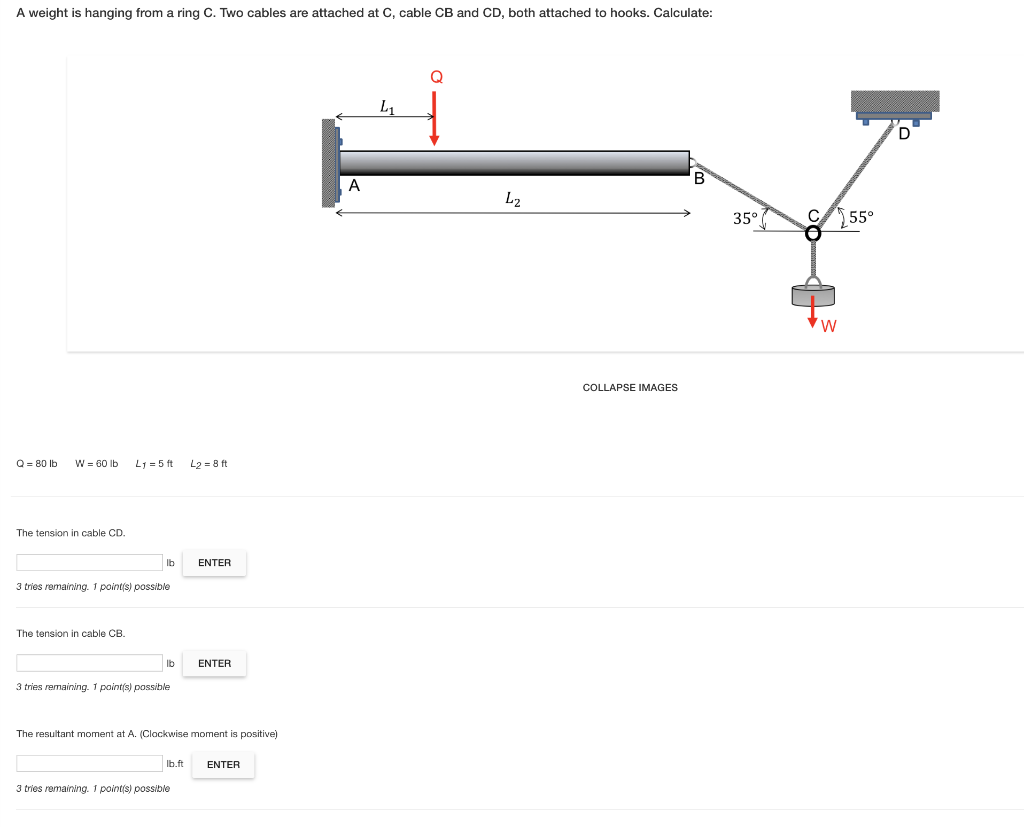 Solved A weight is hanging from a ring C. Two cables are | Chegg.com