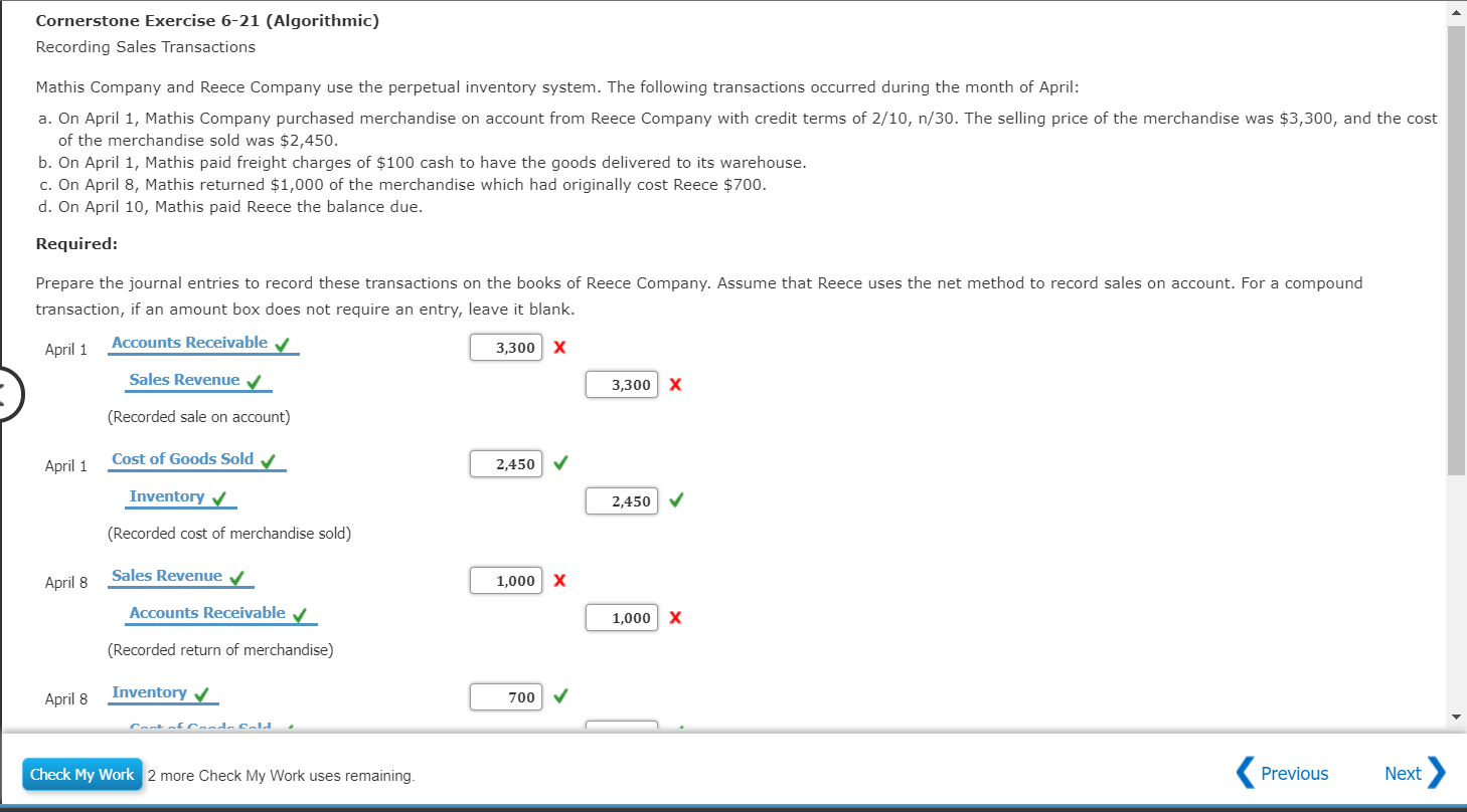 Solved Cornerstone Exercise 6-21 (Algorithmic) Recording | Chegg.com