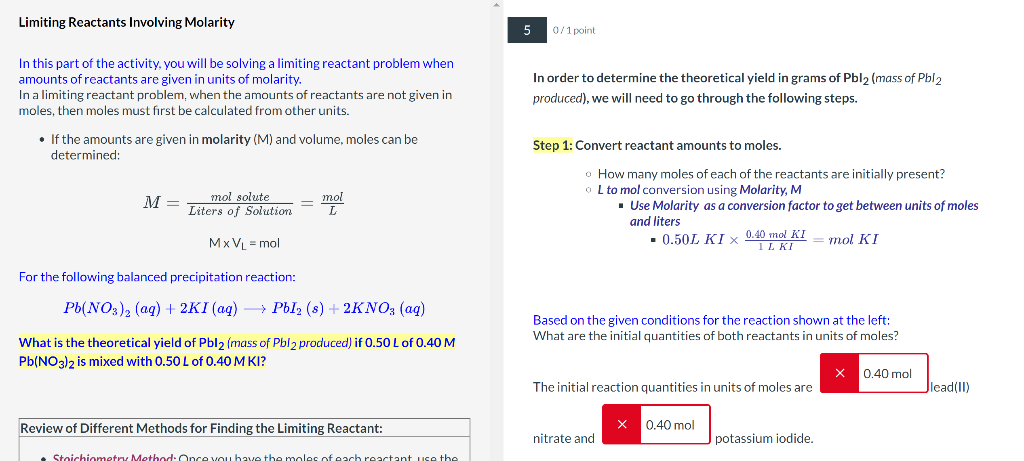 Solved Limiting Reactants Involving Molarity 5 o/1 point In | Chegg.com
