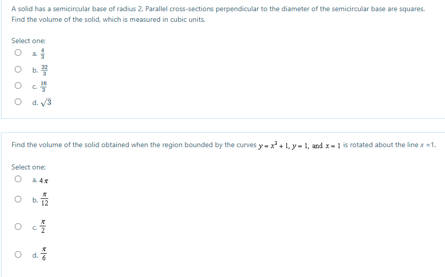 Solved A solid has a semicircular base of radius 2. Parallel | Chegg.com