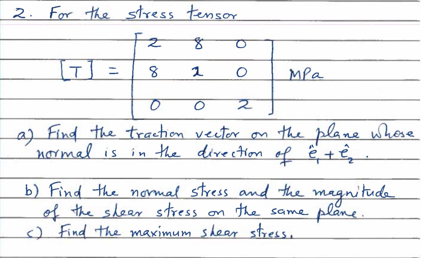 Solved 2. For the stress tensor a) Find the traction vector | Chegg.com