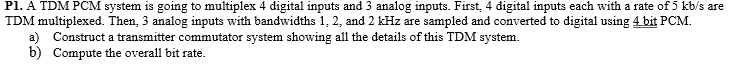 Solved P1. A TDM PCM system is going to multiplex 4 digital | Chegg.com