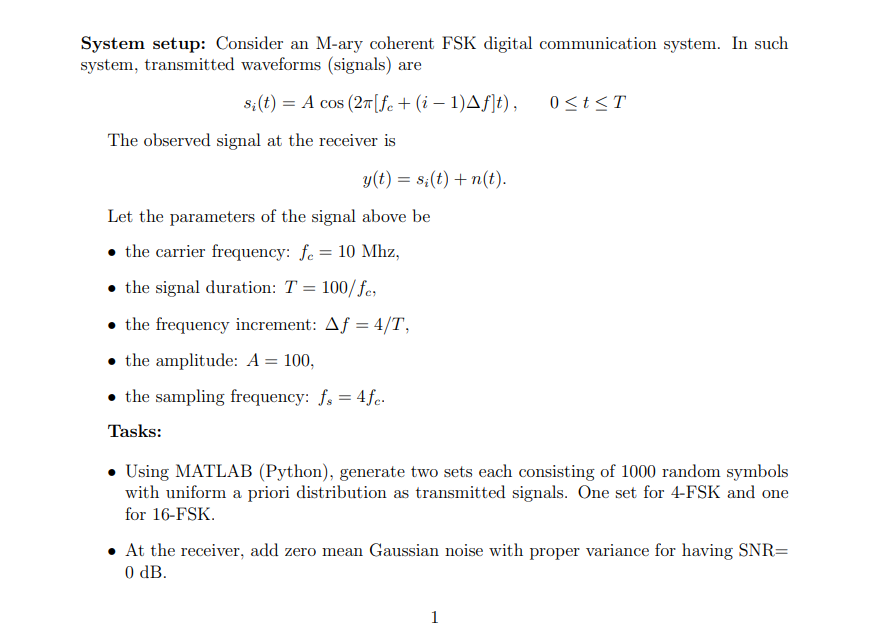 System setup: Consider an M-ary coherent FSK digital | Chegg.com