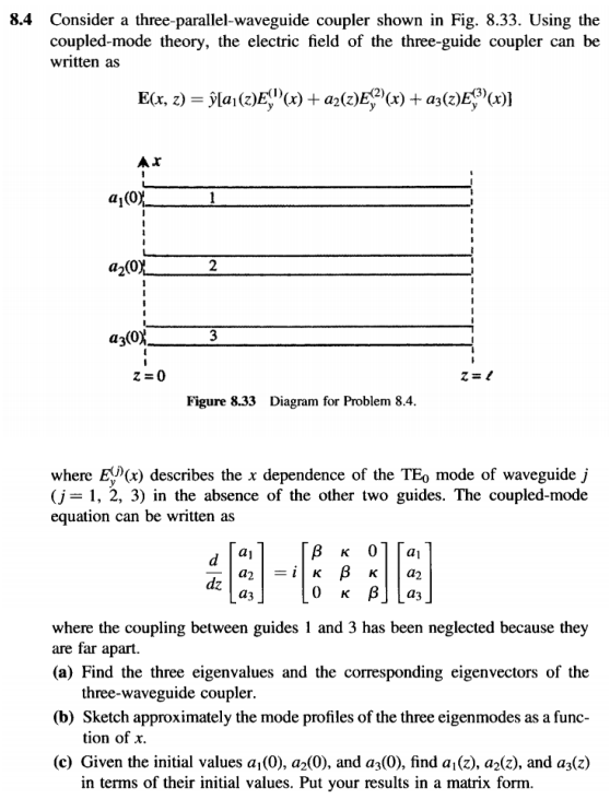 8.4 Consider a three-parallel-waveguide coupler shown | Chegg.com