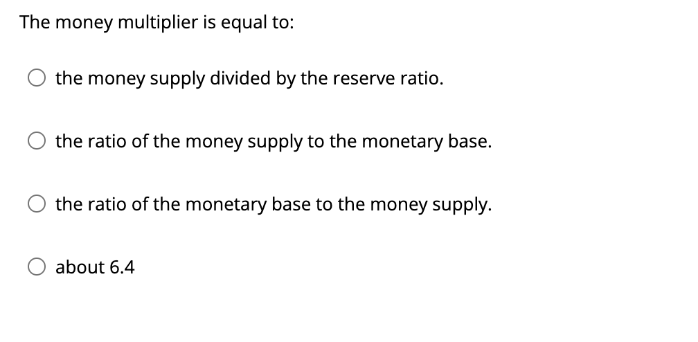 Solved The money multiplier is equal to: the money supply | Chegg.com