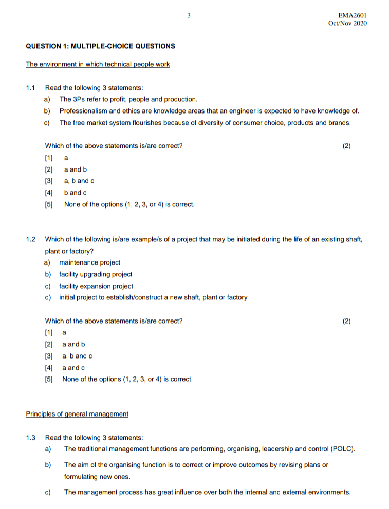 EMA2601 Oct/Nov 2020 QUESTION 1: MULTIPLE-CHOICE | Chegg.com