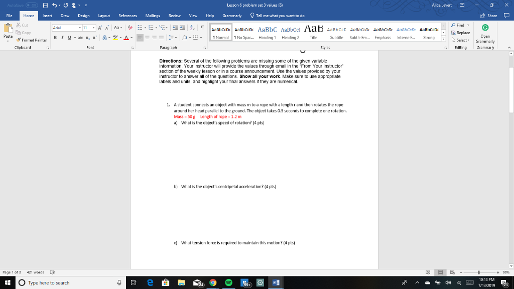 Solved Lesson 6 problem set 3 values (6) Alice Levert - | Chegg.com