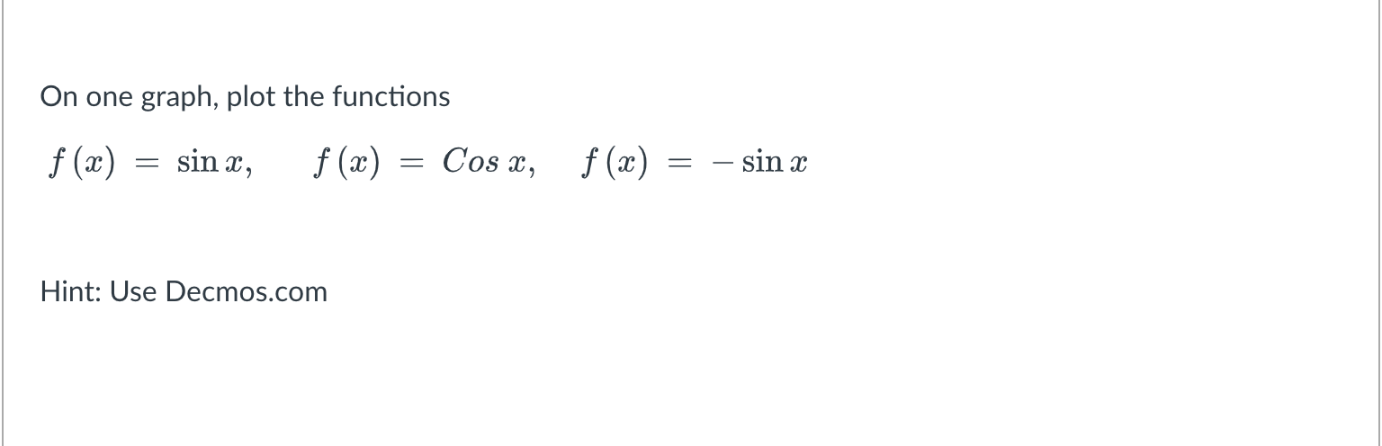 Solved Plot the function f(x)=cotx Hint: Use Decmos.comOn | Chegg.com