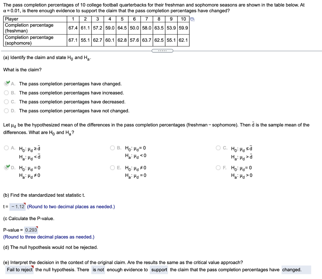 Solved The pass completion percentages of 10 college | Chegg.com