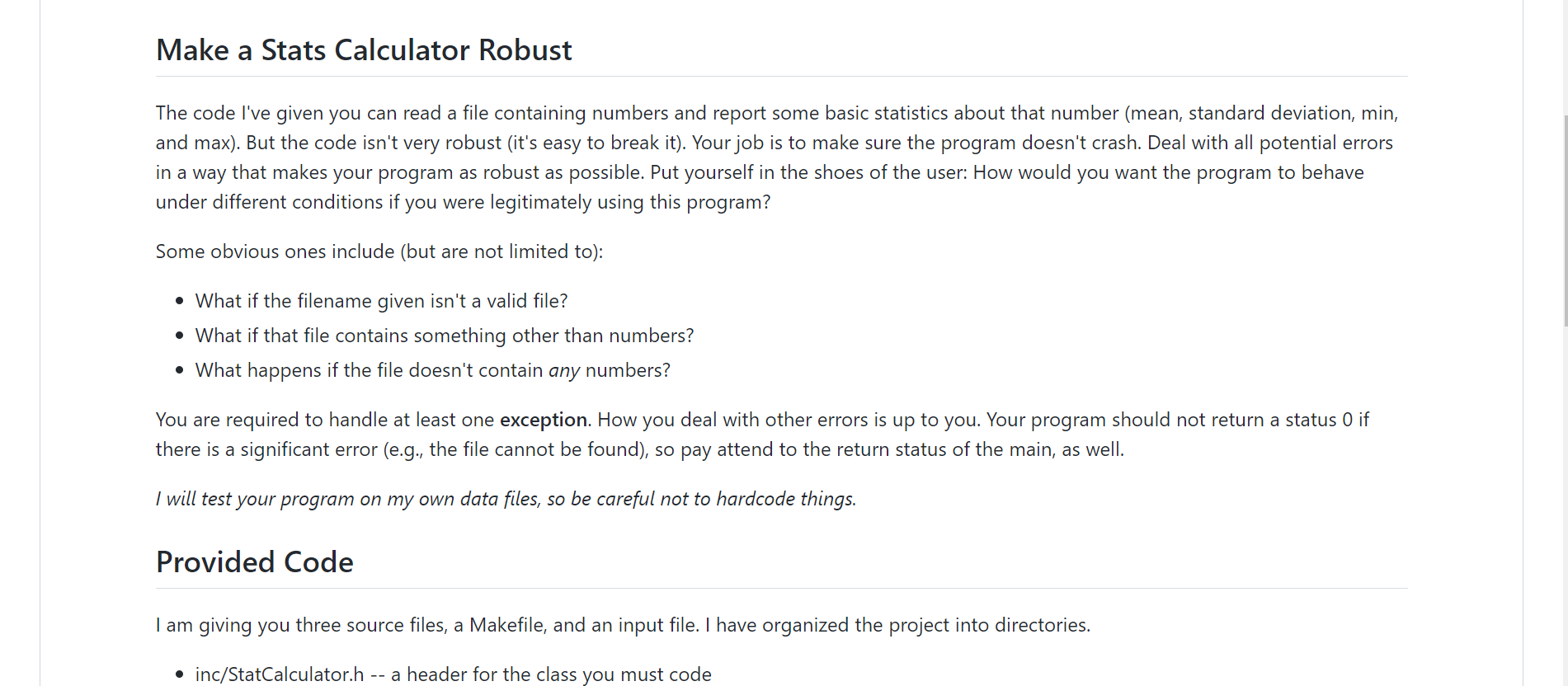 Make a Stats Calculator Robust The code I've given | Chegg.com