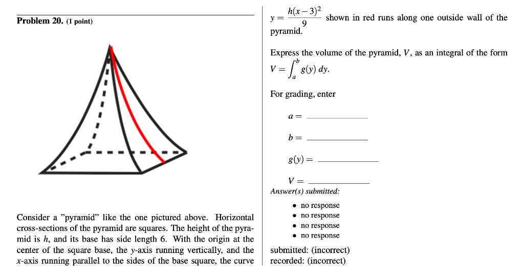 Solved Express the volume of the pyramid, V, as an integral | Chegg.com