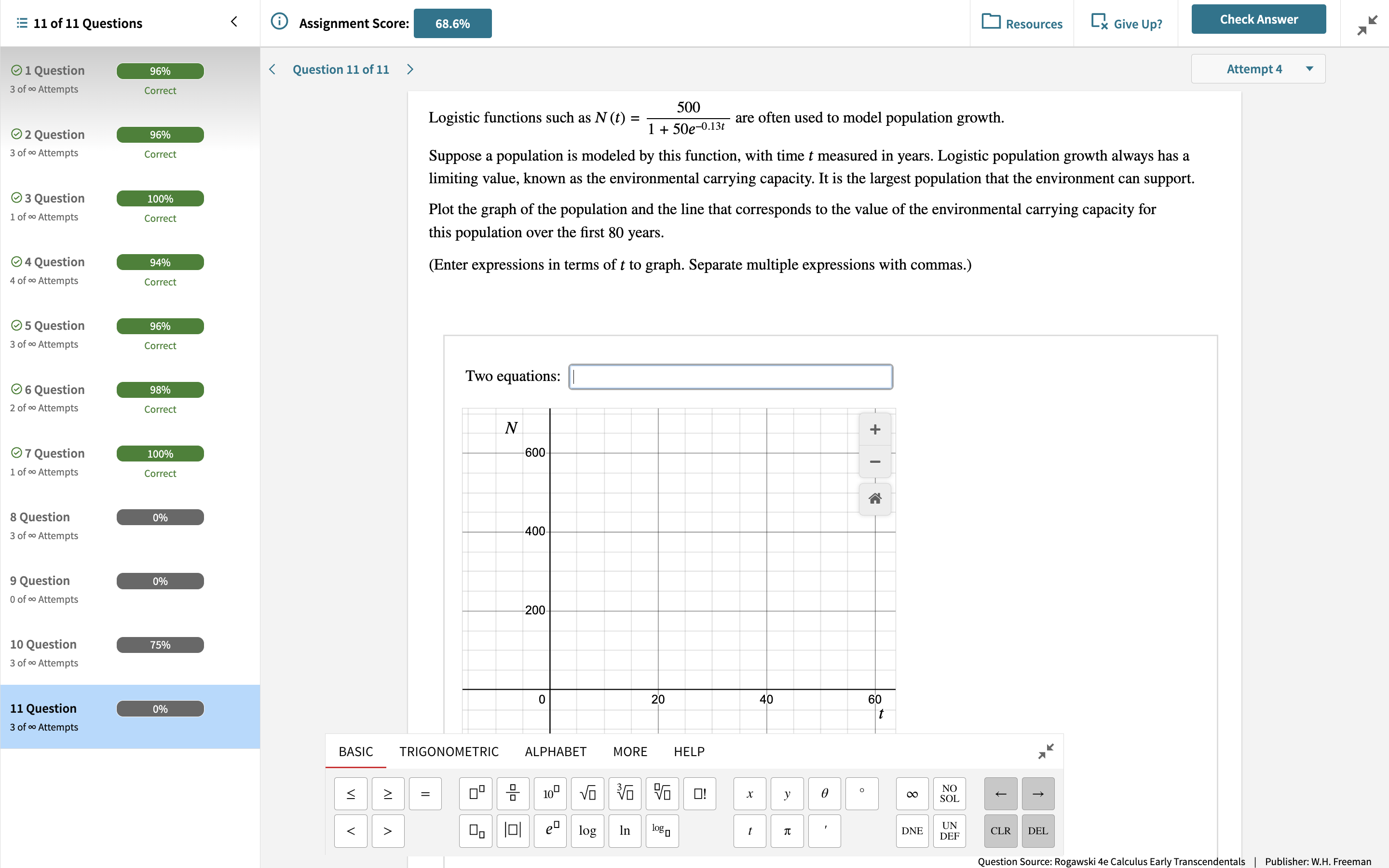 Solved Logistic functions such as N(t)=1+50e−0.13t500 are | Chegg.com