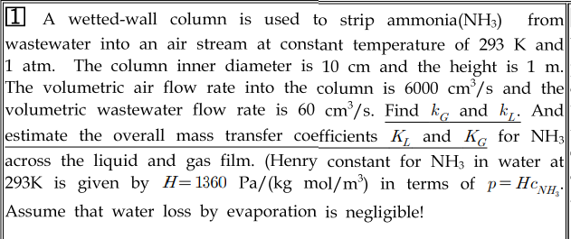 Solved 1A wetted-wall column is used to strip ammonia(NH3) | Chegg.com