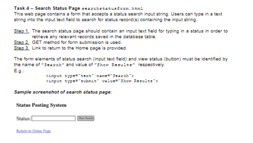 Solved Task 4 - Search Status Page search:tatus form.html | Chegg.com
