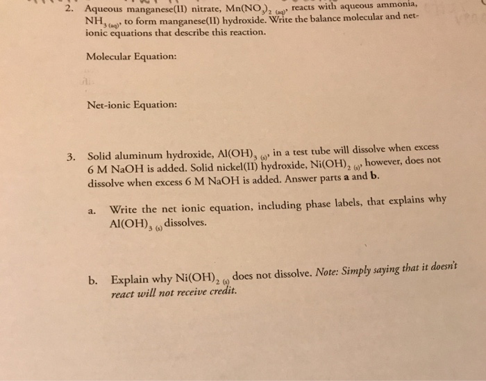Solved 2. Aqueous manganese(II) nitrate, Mn(NO), , reacts | Chegg.com