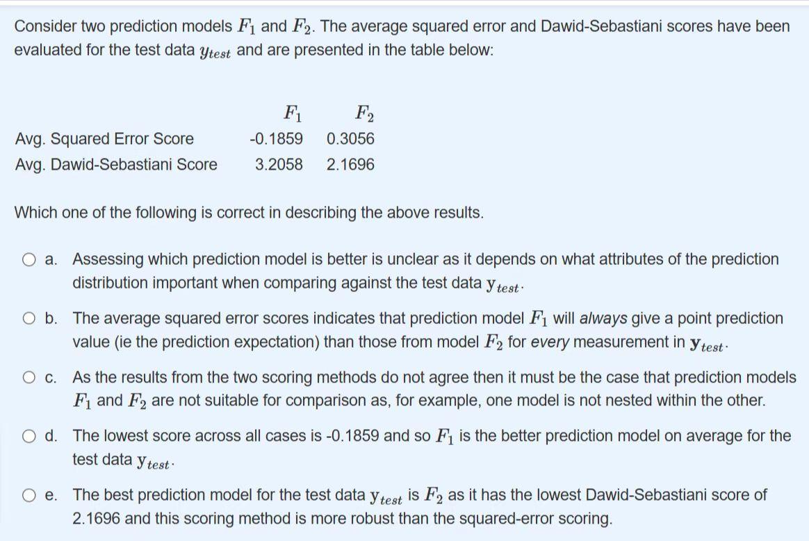 Solved Consider two prediction models F1 and F2. The average | Chegg.com