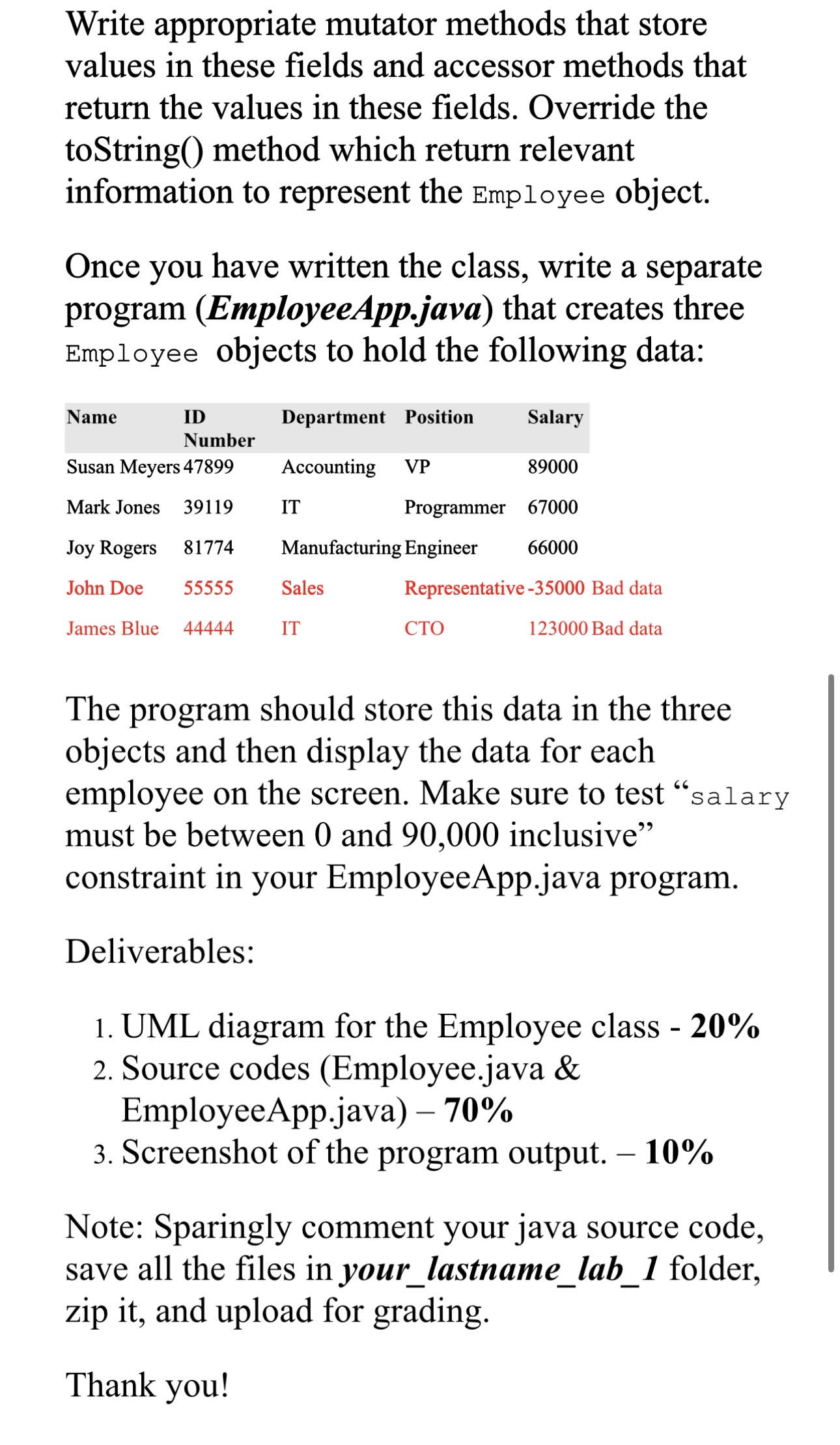 INSY 4305 Lab 1 Instructions Write a class named | Chegg.com
