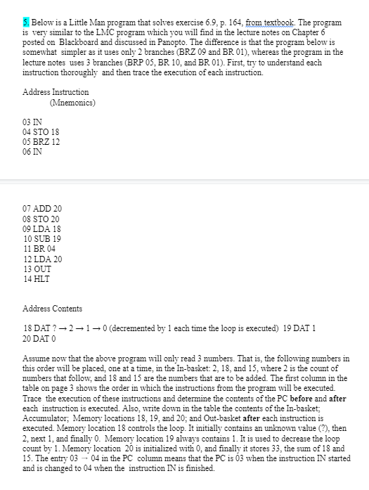 Solved 5. Below is a Little Man program that solves exercise | Chegg.com