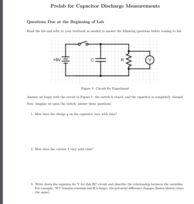 Solved Prelab for Capacitor Discharge Measurements Questions | Chegg.com