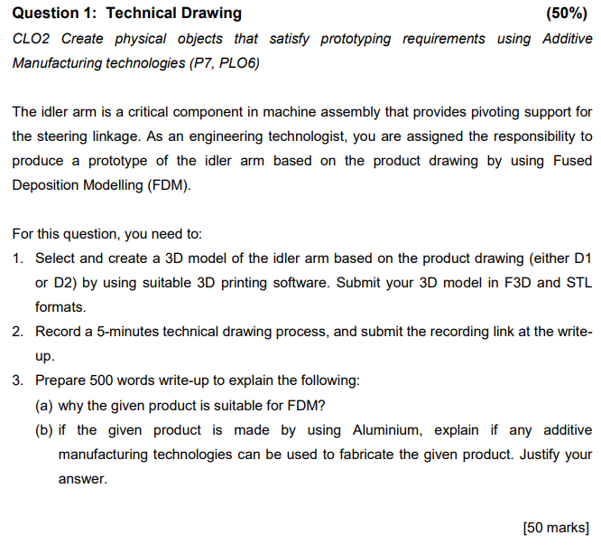 Solved Question 1: Technical Drawing (50\%) CLO2 Create | Chegg.com