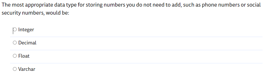 Solved The most appropriate data type for storing numbers | Chegg.com